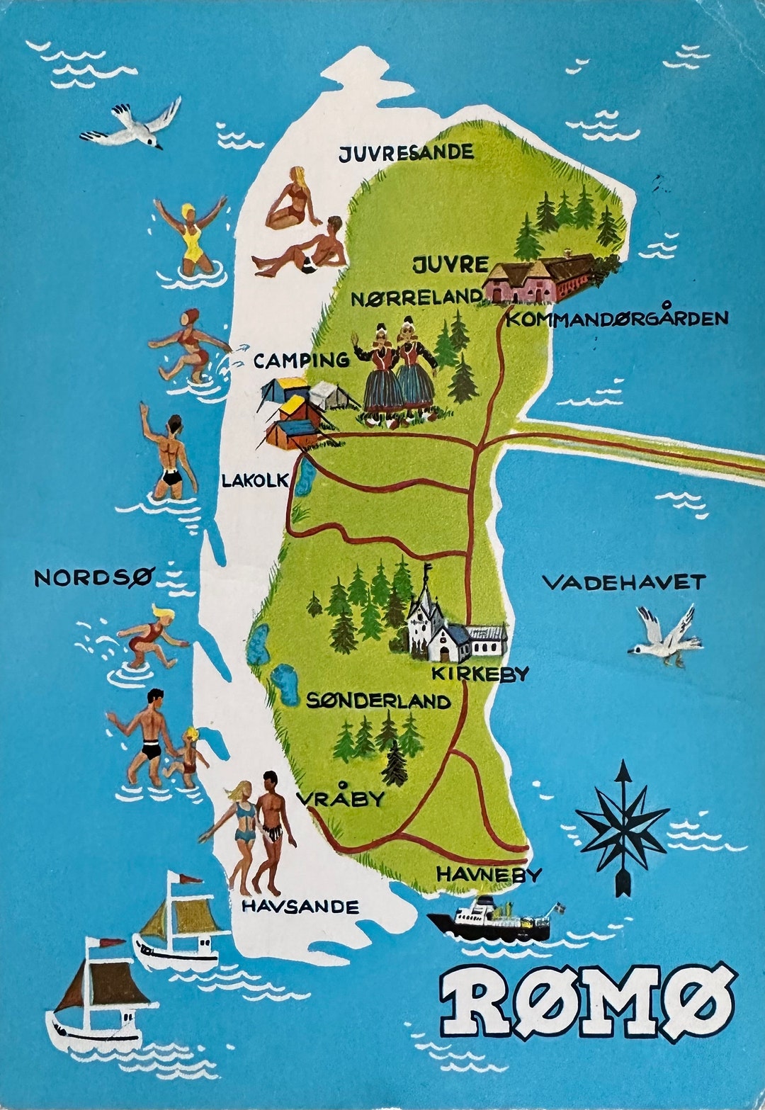 Rømø Island, Denmark Pictorial Map Postcard C.1960 - Etsy