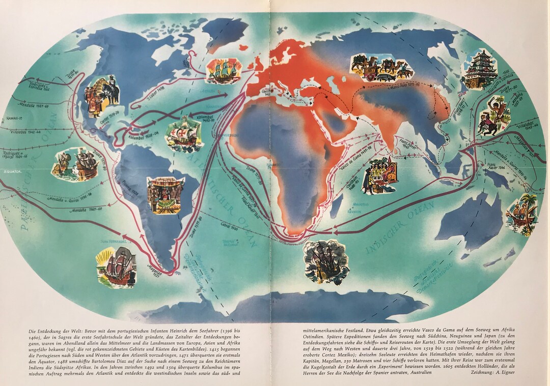 Colorful Pictorial World Map of Discoveries - 1950s Original - Etsy