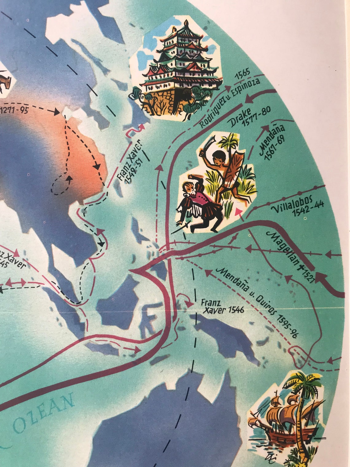 Beautiful Colorful Pictorial World Map Shows Discoveries - Etsy