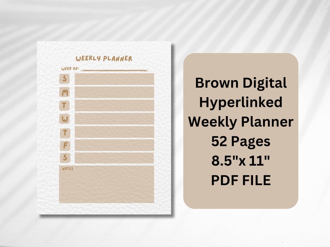 Brown Digital Hyperlinked Undated Weekly Planner, PDF File, Instant ...