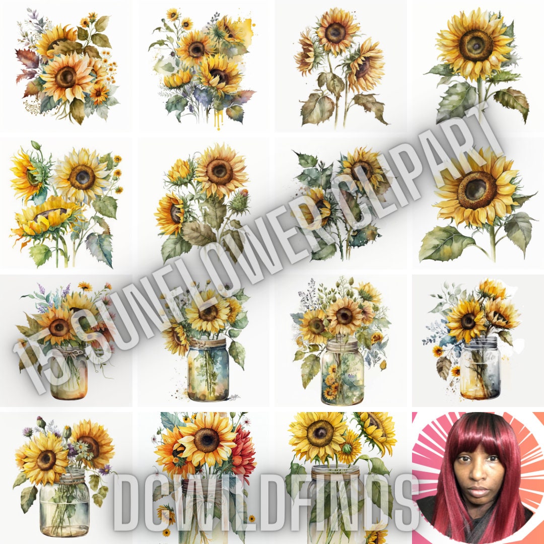 15 Sunflowers Watercolor Clipart Bundle Sunflower Bouquet, Sunflower ...
