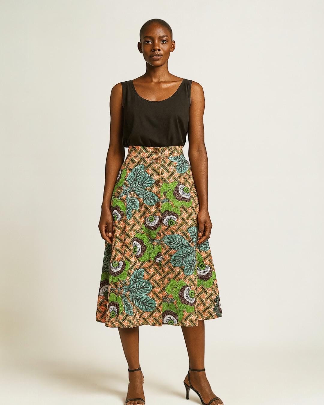 Handmade Ankara A-line Midi Skirt: High-waisted African Wax Print BINTA ...