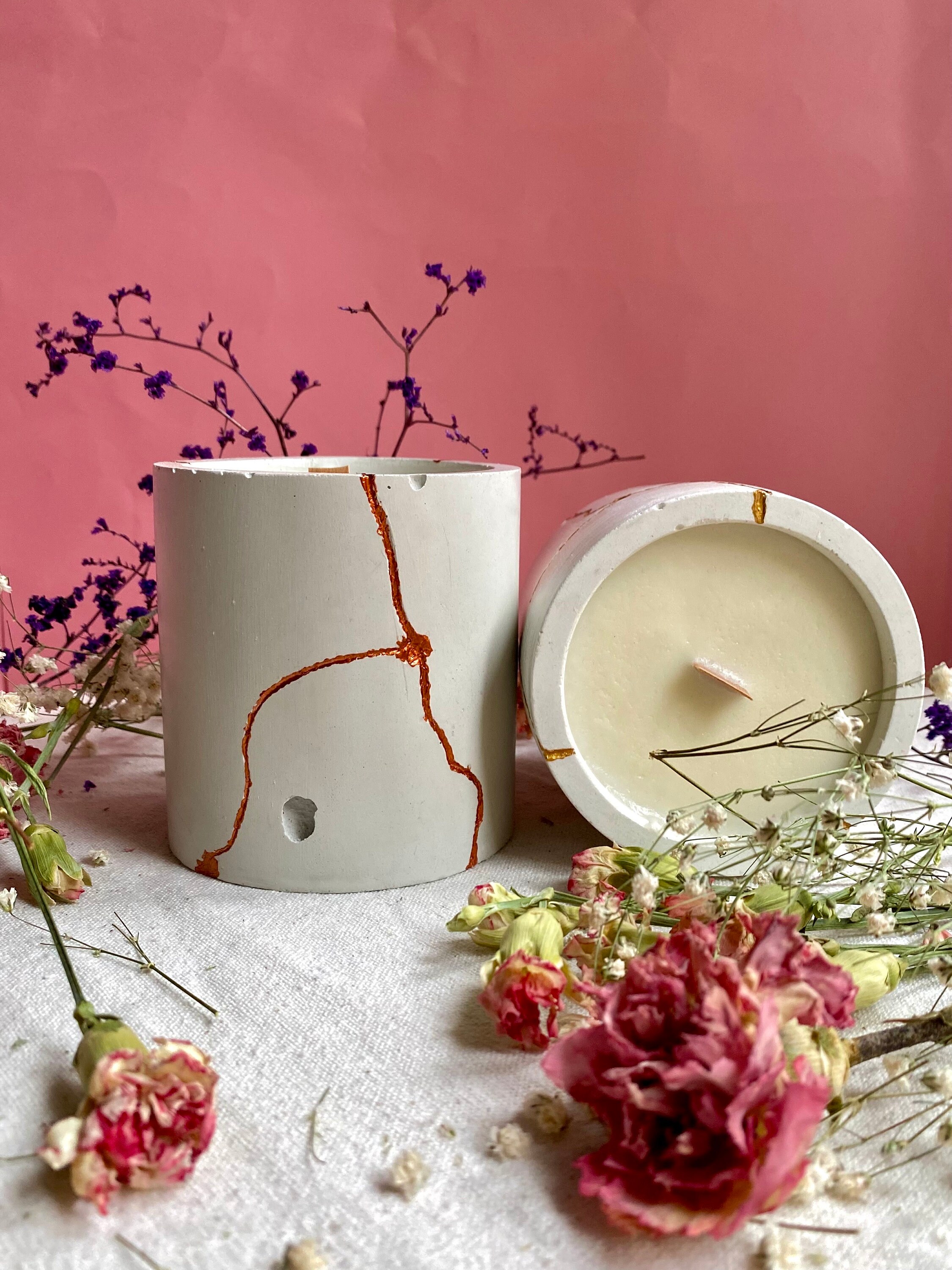 Kintsugi Soy Wax Candle Set: Handmade Concrete Vessel, Vegan Gift - Etsy