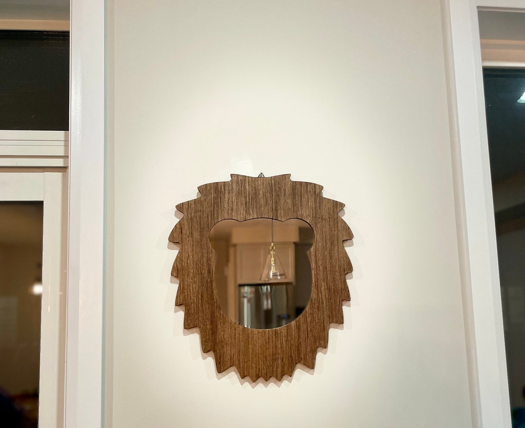 Rustic Lion Head Shaped Wooden Wall Mirror Mighty Liongift With ...
