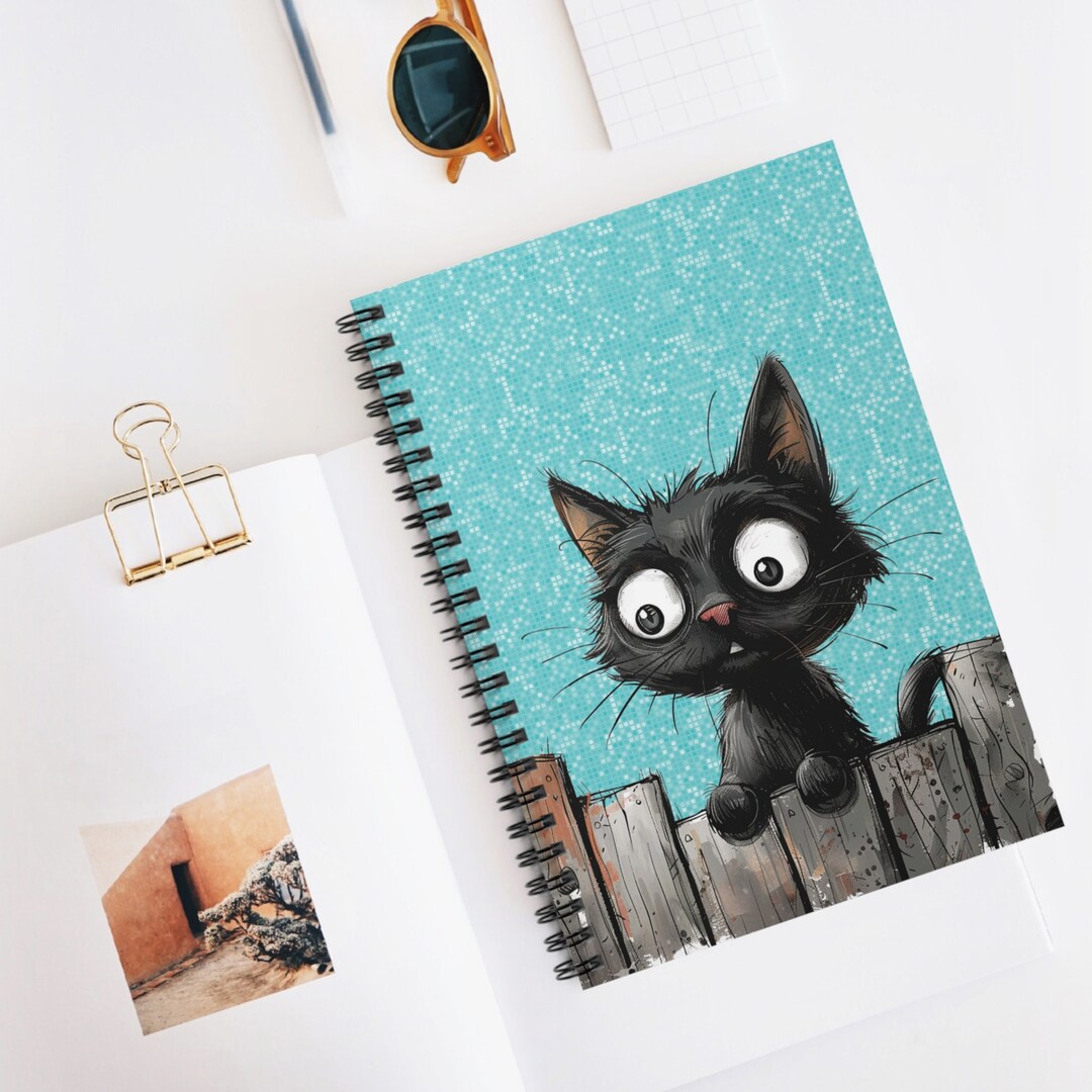 Black Cat Looking Over Fence Notebook Ruled Line, Cat Journal, Black ...