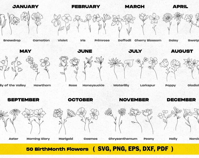 Birth Month Flower SVG Bundle: Floral Designs (SVG & PNG) - Etsy Canada