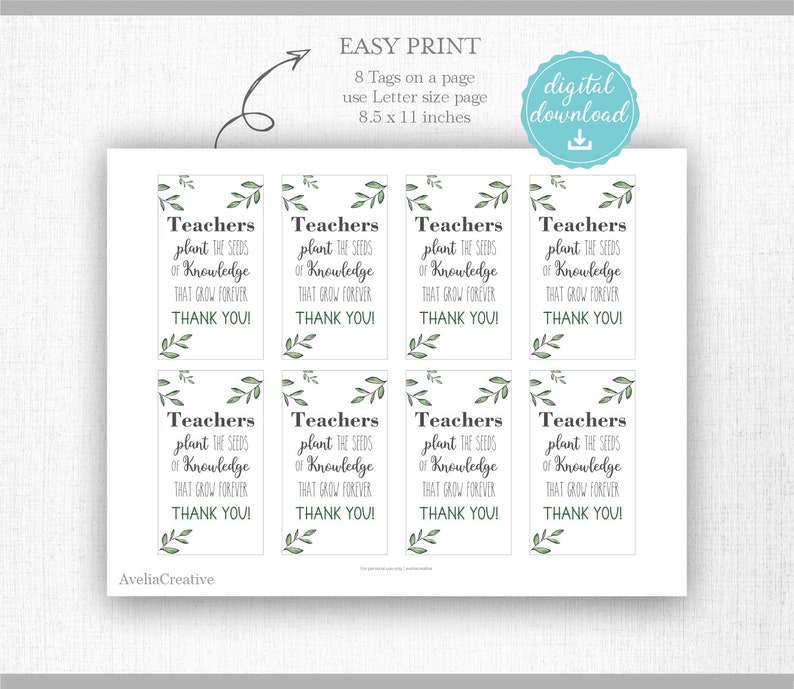 Teacher Appreciation Printable Gift Tags, Instant Download, Teacher ...
