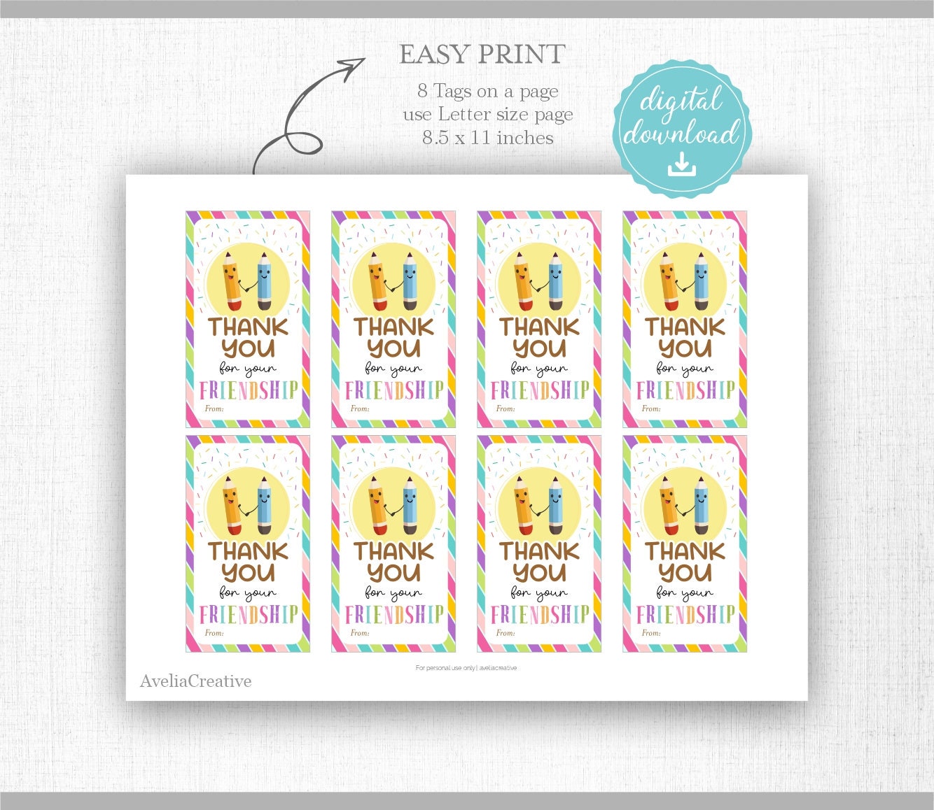 Classmates Tags, Thank You for Your Friendship, Instant Download ...