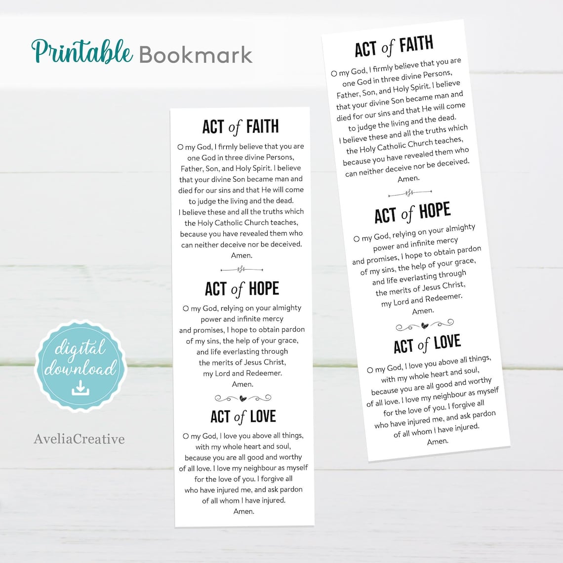 Act of Faith Act of Hope Act of Love Printable Bookmark, Instant ...