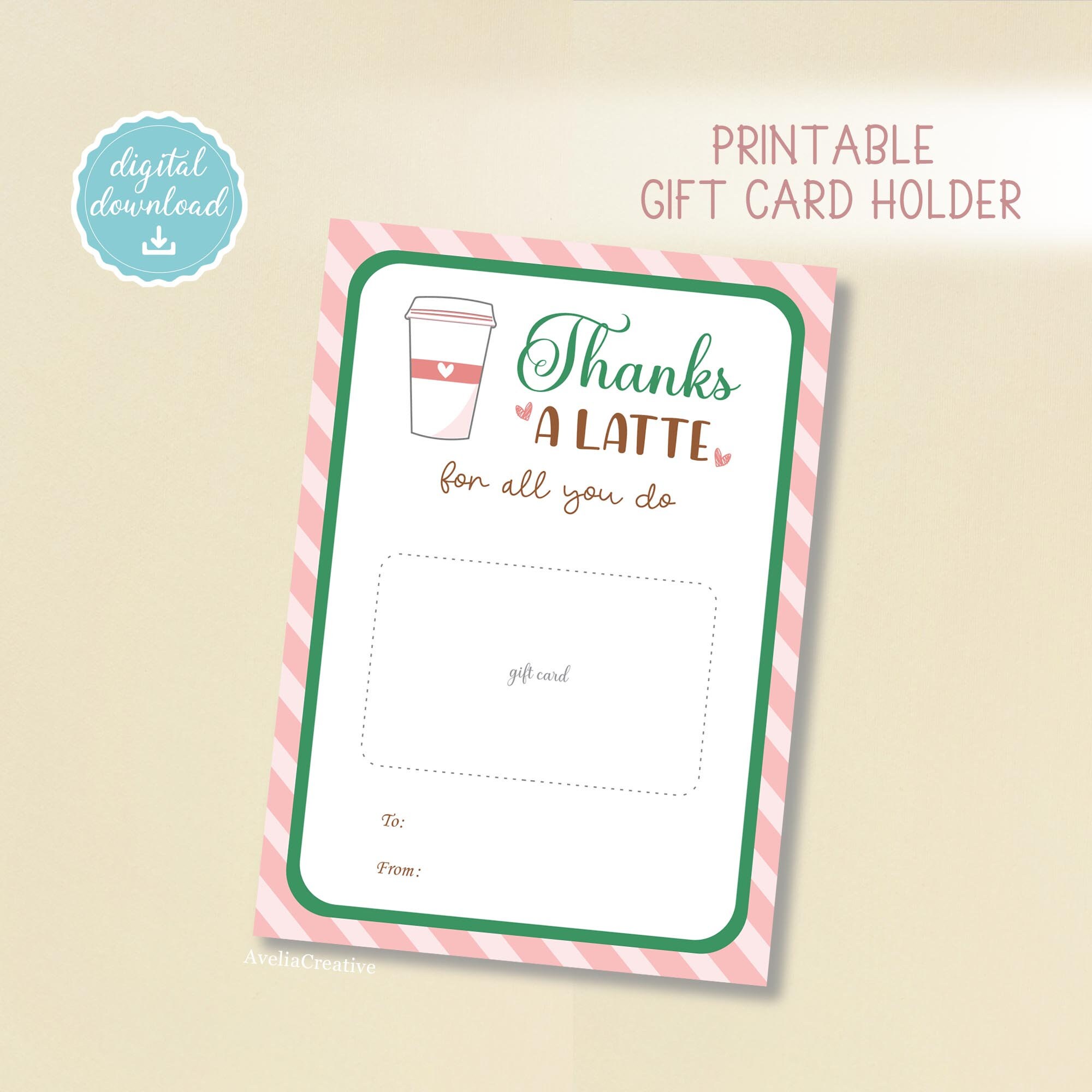 Thanks A Latte Gift Card Holder, Instant Download, Coffee Lover Gift ...