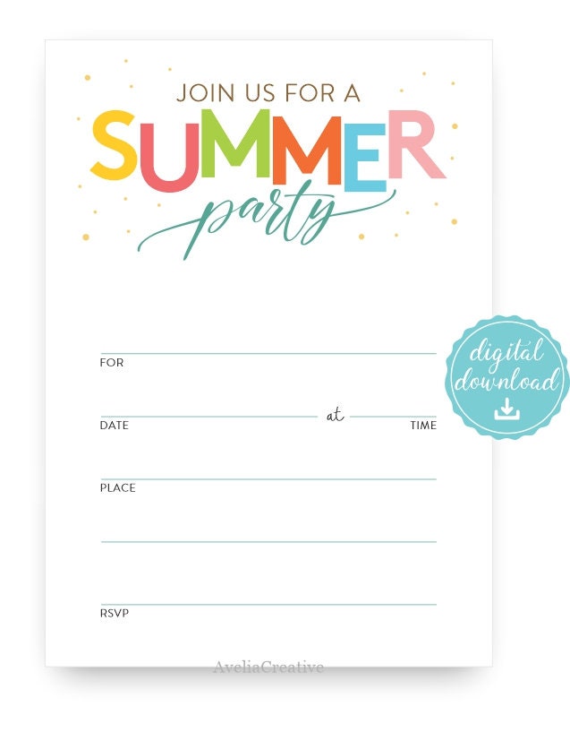 Summer Party Blank Invitation, Instant Download, Fill-in Invite ...