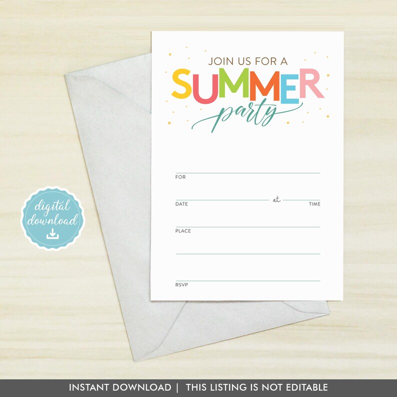 Summer Party Blank Invitation, Instant Download, Fill-in Invite ...