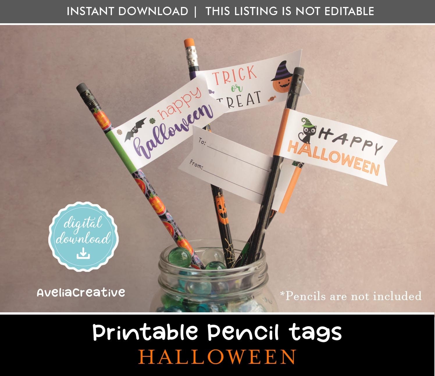 Halloween Printable Pencil Tags, Instant Download, Printable Pencil ...