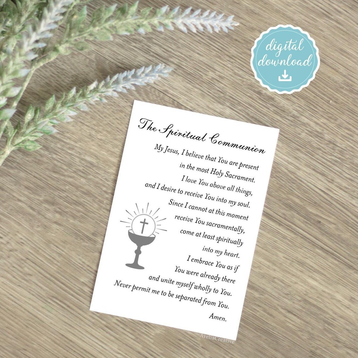 Printable Card the Spiritual Communion Prayer, Instant Download ...