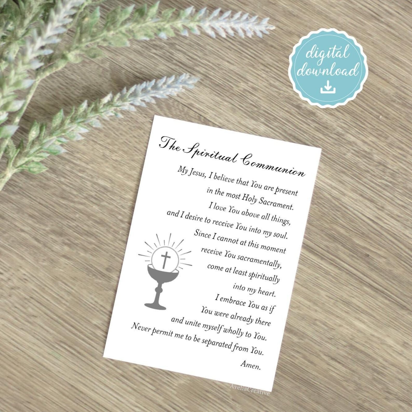 Printable Card the Spiritual Communion Prayer, Instant Download ...