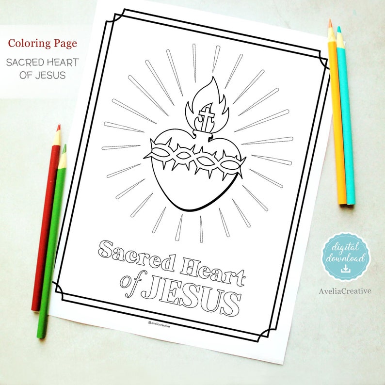 Sacred Heart of Jesus Coloring Page, Instant Download, Kids Coloring ...