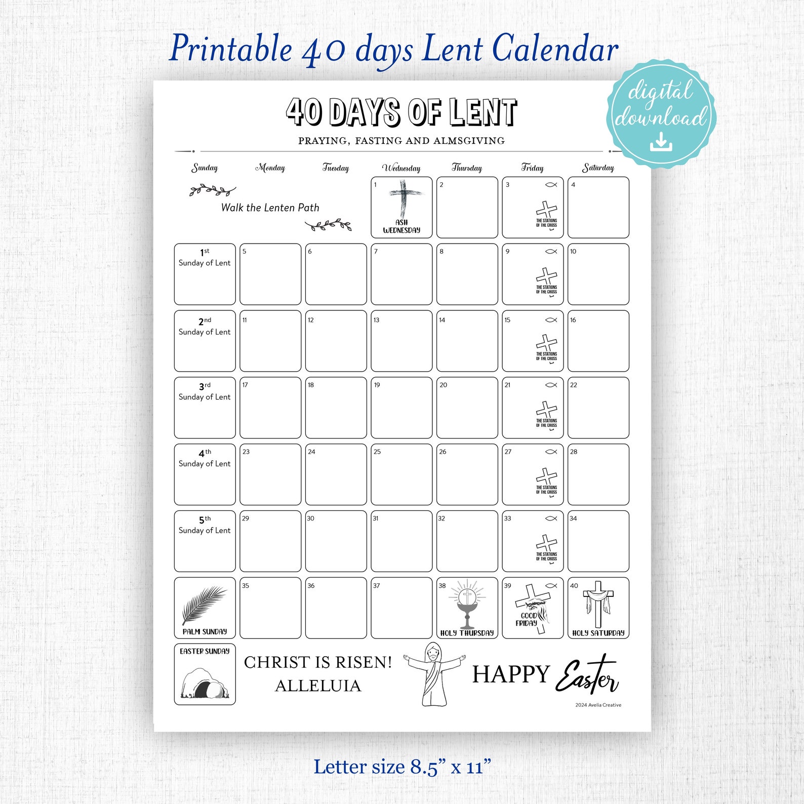 Printable 40 Days Lent Calendar, Instant Download, Kids Lenten Calendar ...