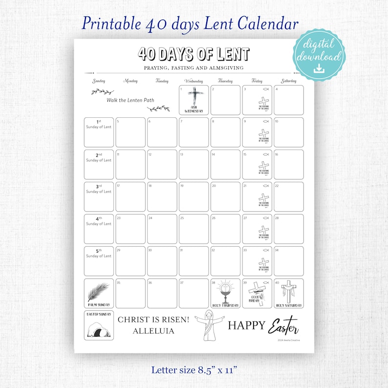 Printable 40 Days Lent Calendar, Instant Download, Kids Lenten Calendar ...