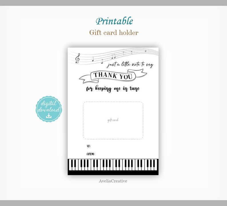 Music Teacher Gift Card Holder, Instant Download, Printable Piano ...