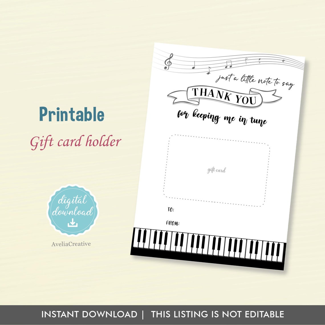 Music Teacher Gift Card Holder, Instant Download, Printable Piano ...