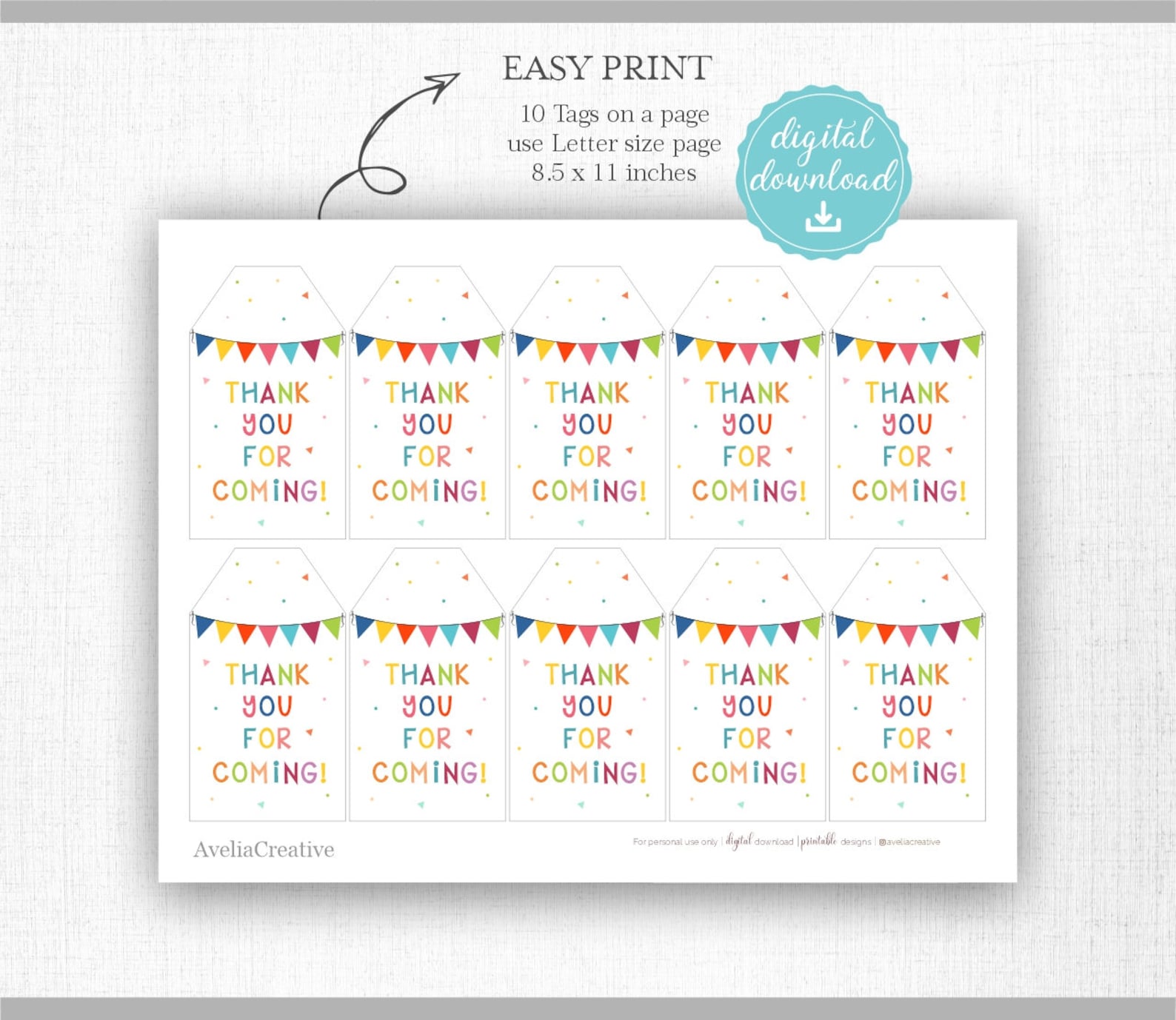 Thank You for Coming Printable Party Tag, Instant Download, Thank You ...