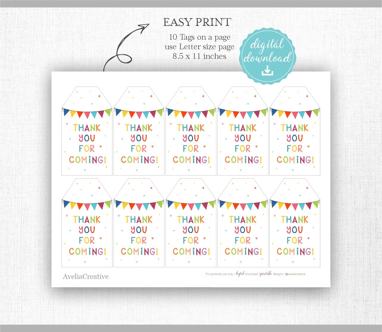 Thank You for Coming Printable Party Tag, Instant Download, Thank You ...