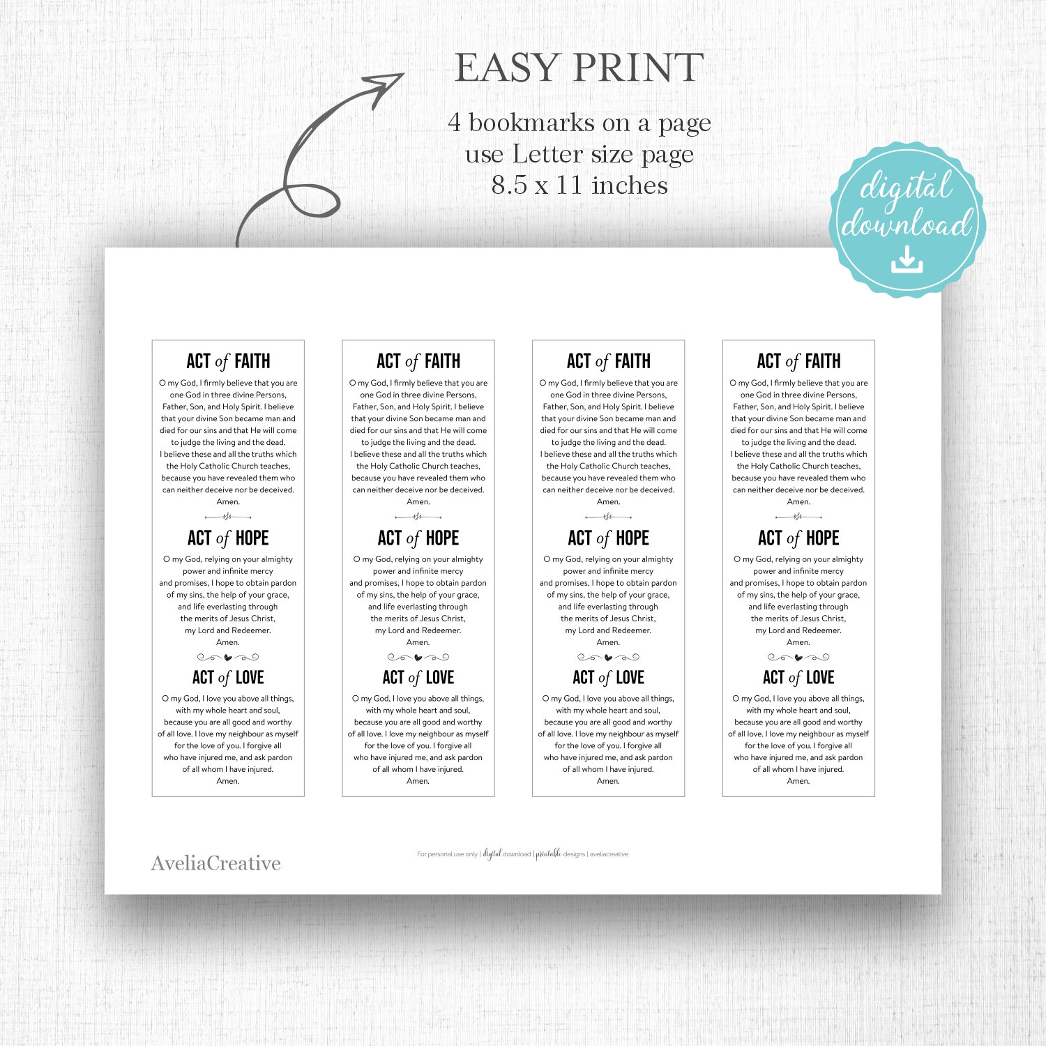 Act of Faith Act of Hope Act of Love Printable Bookmark, Instant ...