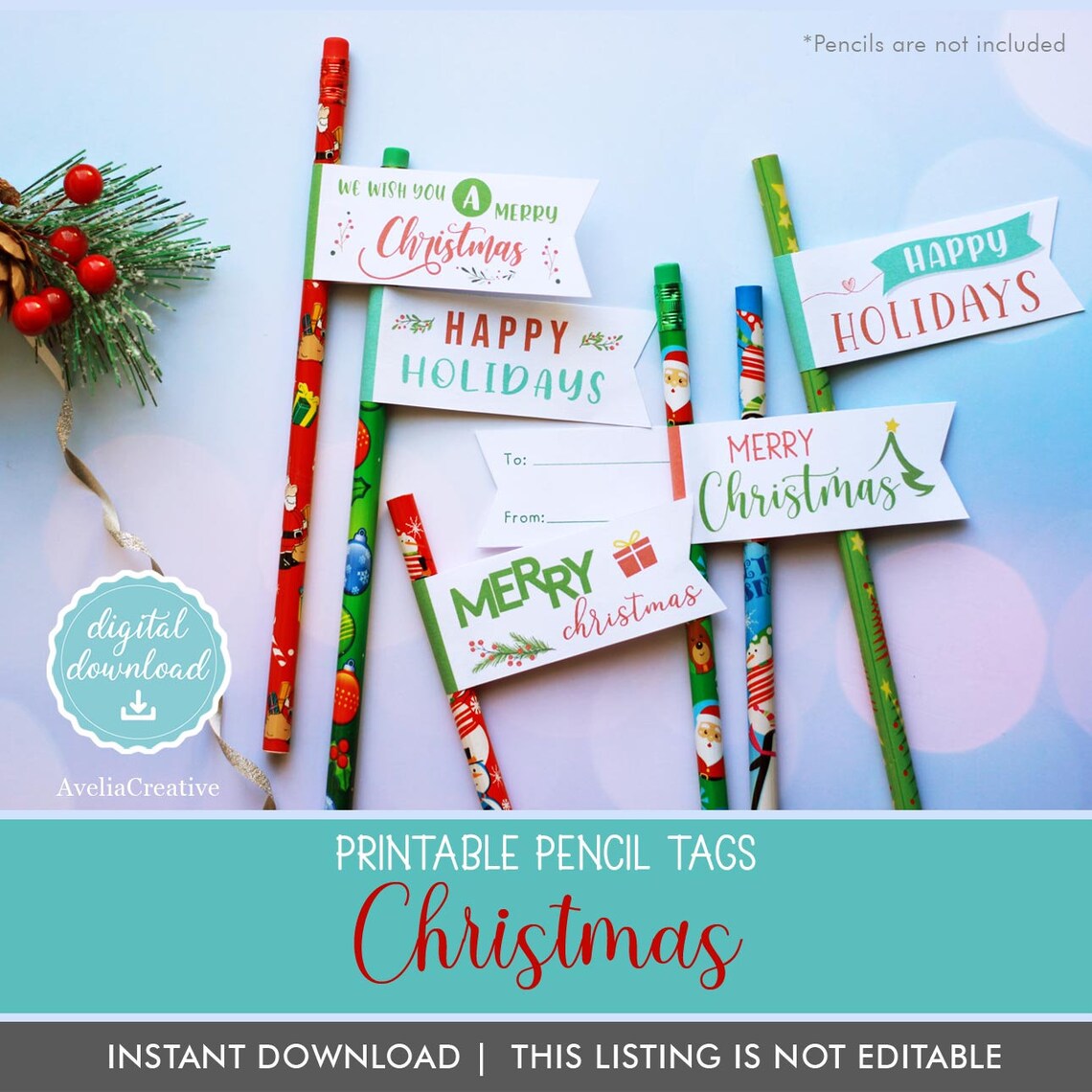 Christmas Printable Pencil Tags, Instant Download, Printable Christmas ...