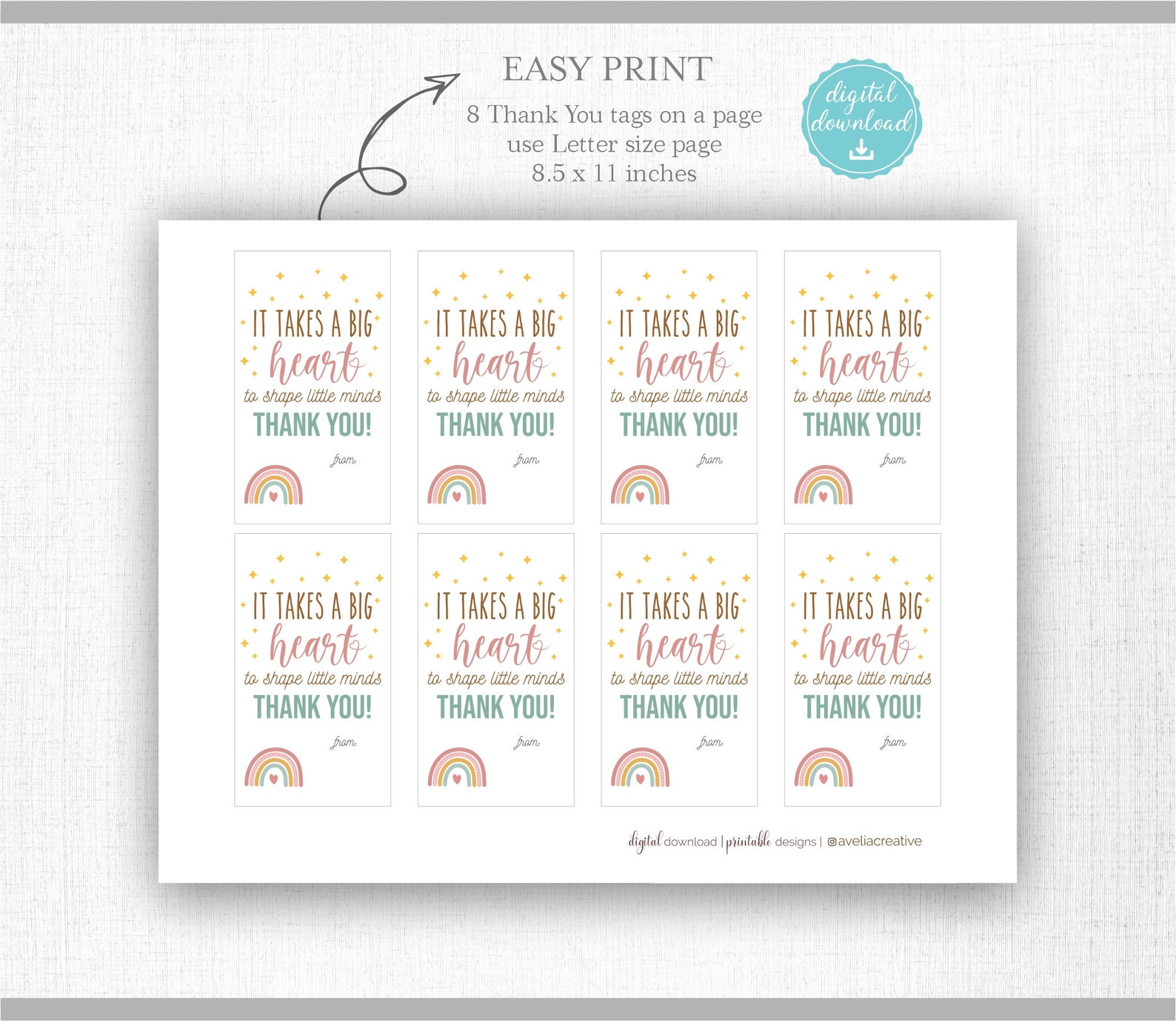 Teacher Appreciation Gift Tags, Instant Download, It Takes A Big Heart ...