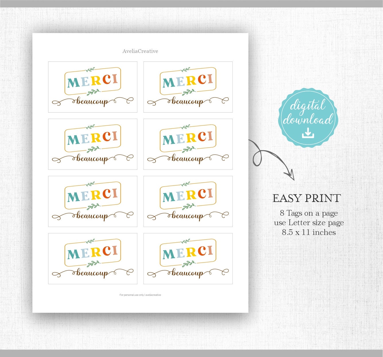 Merci Beaucoup Printable Tag, Instant Download, Thank You Tag, Merci Beaucoup Favor Tag ...