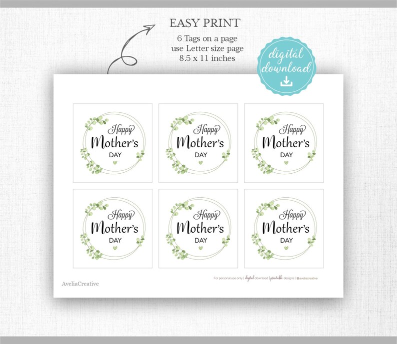 Happy Mother's Day Printable Tags, Instant Download, Mothers Day Gift ...