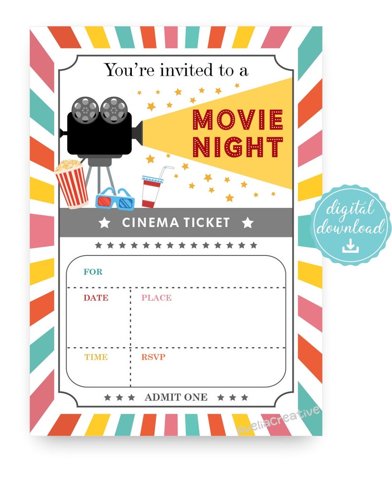 Movie Night Invitation, Instant Download, Movie Party Blank Invitation ...