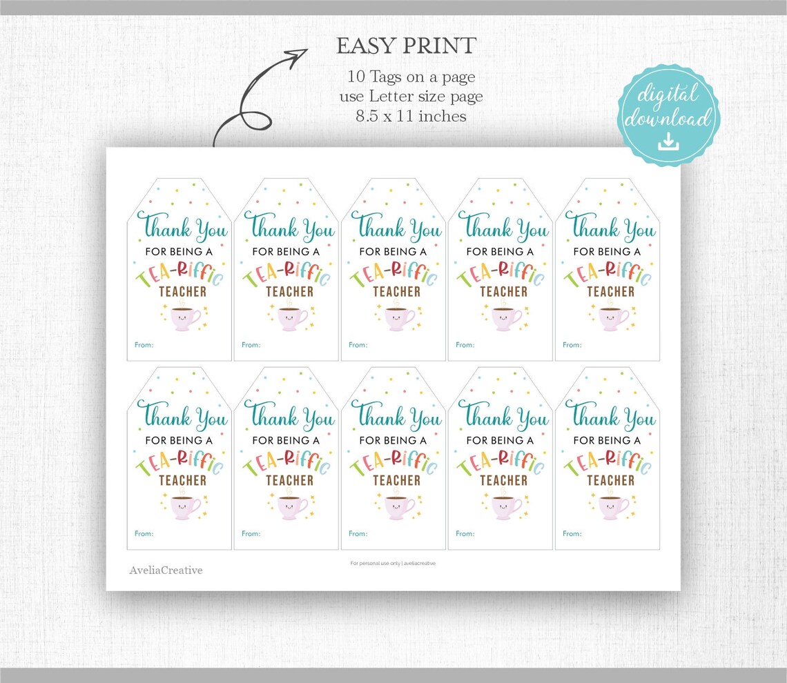 Thank You for Being a Teariffic Teacher Gift Tag, Instant Download ...