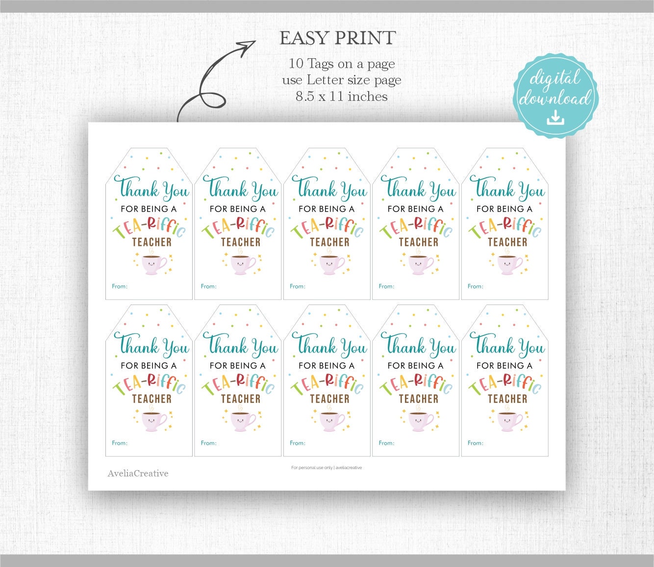 Thank You for Being a Teariffic Teacher Gift Tag, Instant Download ...