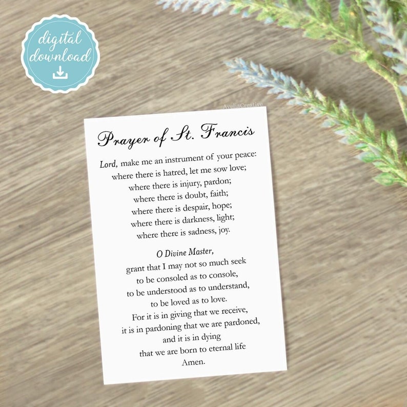 Printable Card Prayer of St. Francis , Instant Download, Saint Francis ...