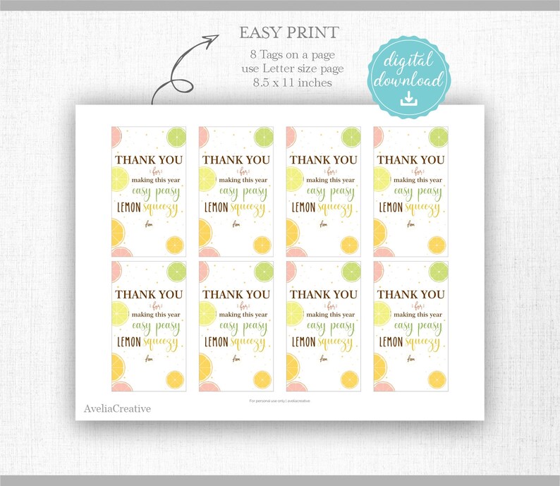 Thank You Gift Tags, Thank You for Making This Year Easy Peasy Lemon ...