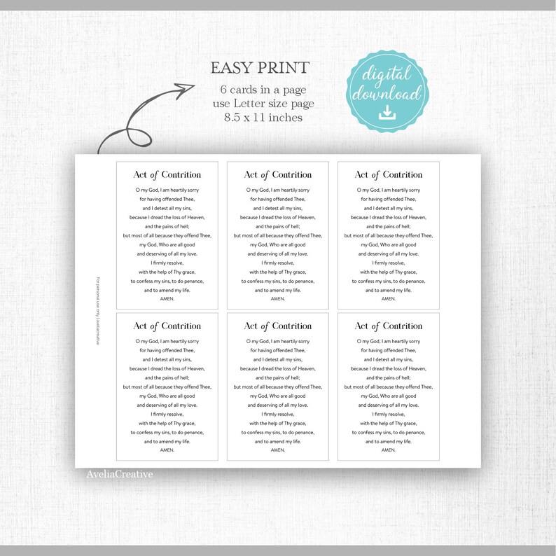 Act of Contrition Printable Prayer Card, Instant Download, Prayer for ...