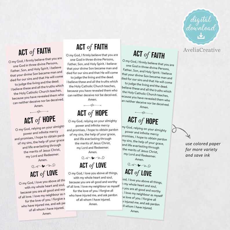 Act of Faith Act of Hope Act of Love Printable Bookmark, Instant ...