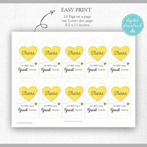 Teacher Appreciation Gift Tags, Instant Download, Thanks for Bee-ing a ...