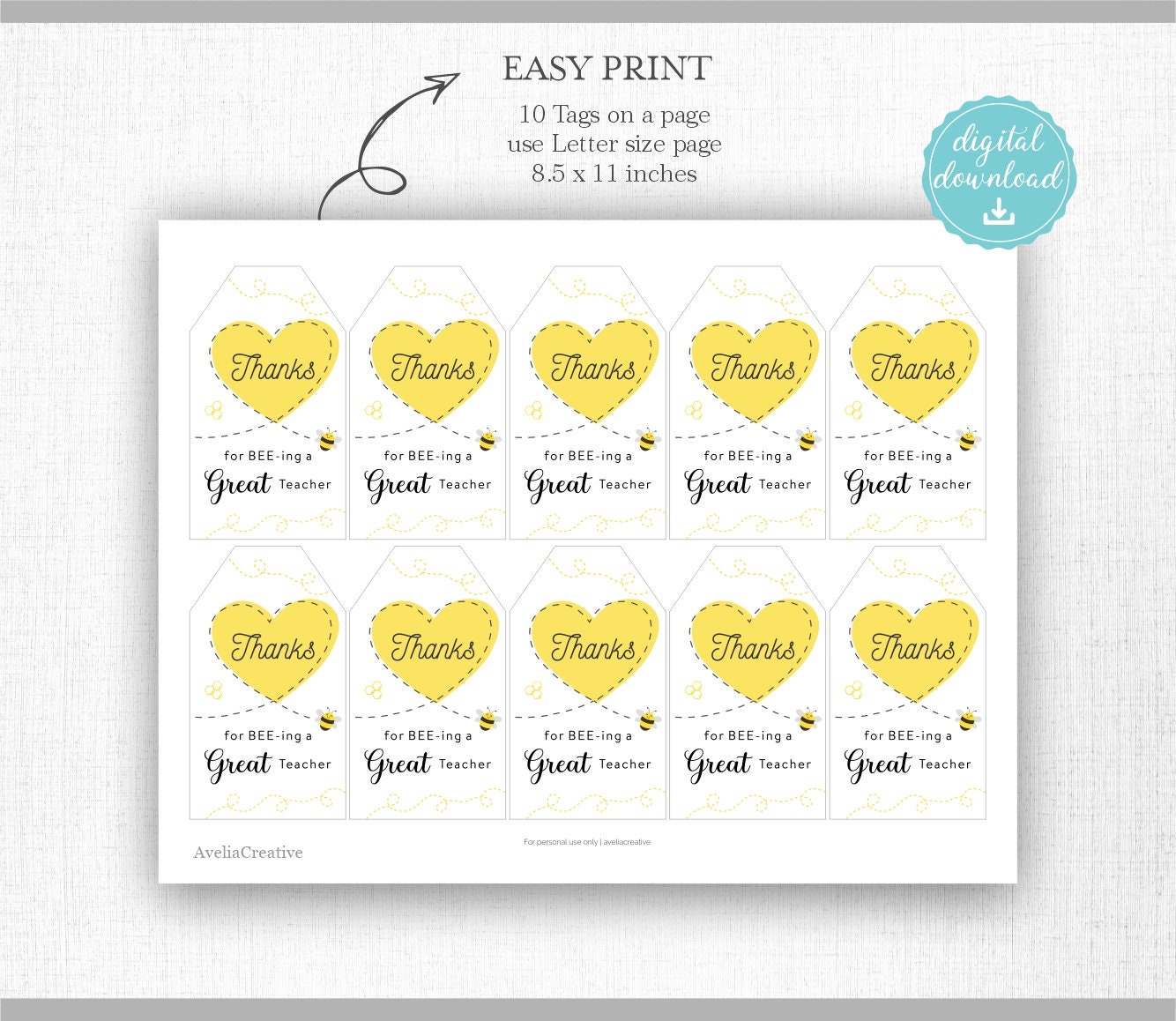 Teacher Appreciation Gift Tags, Instant Download, Thanks for Bee-ing a ...