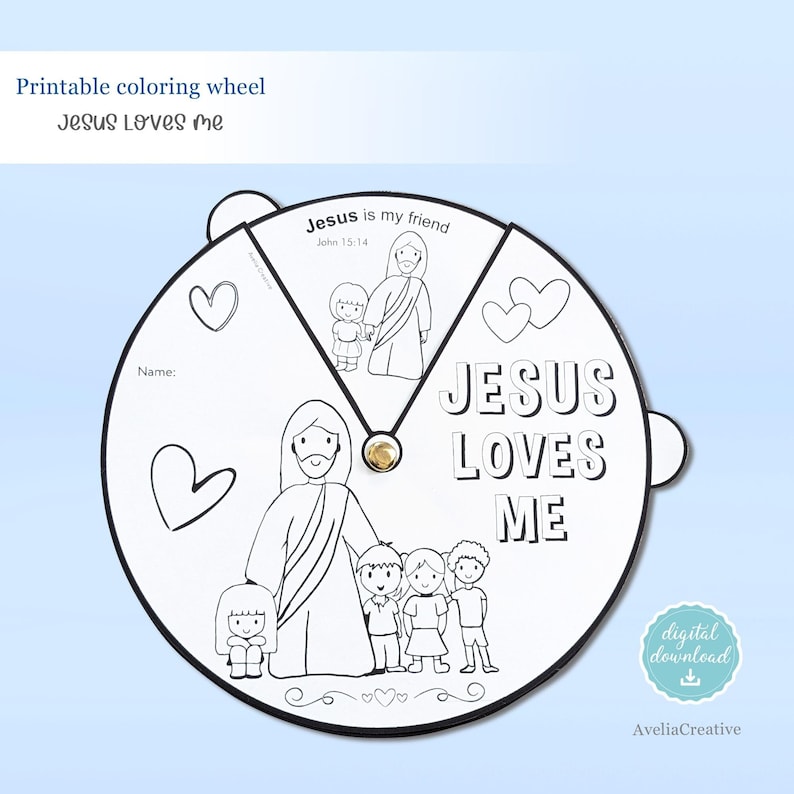 Jesus Loves Me Printable Coloring Wheel, Instant Download, Kids Bible ...