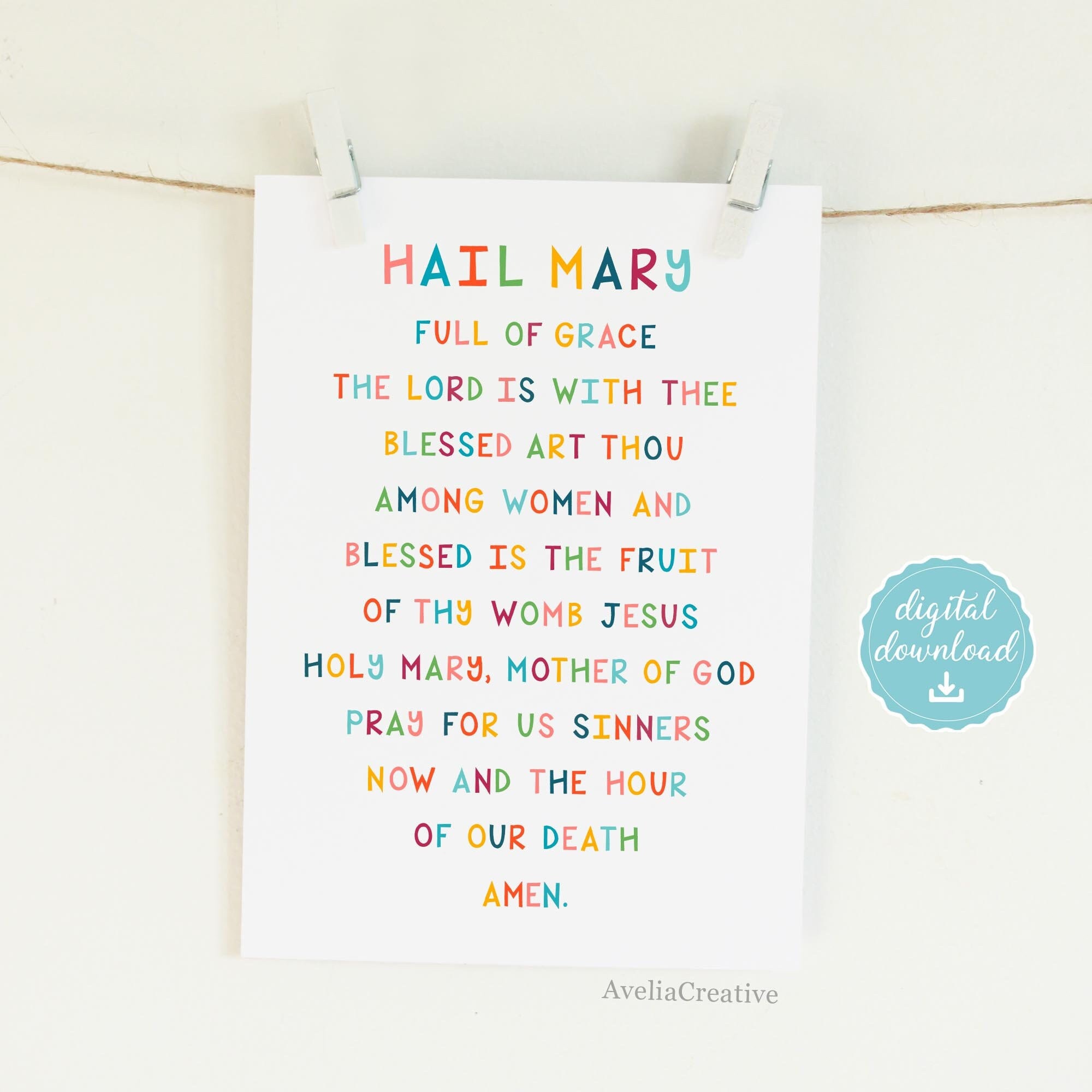 Hail Mary Wall Art, Instant Download, Catholic Prayer Printable Art ...