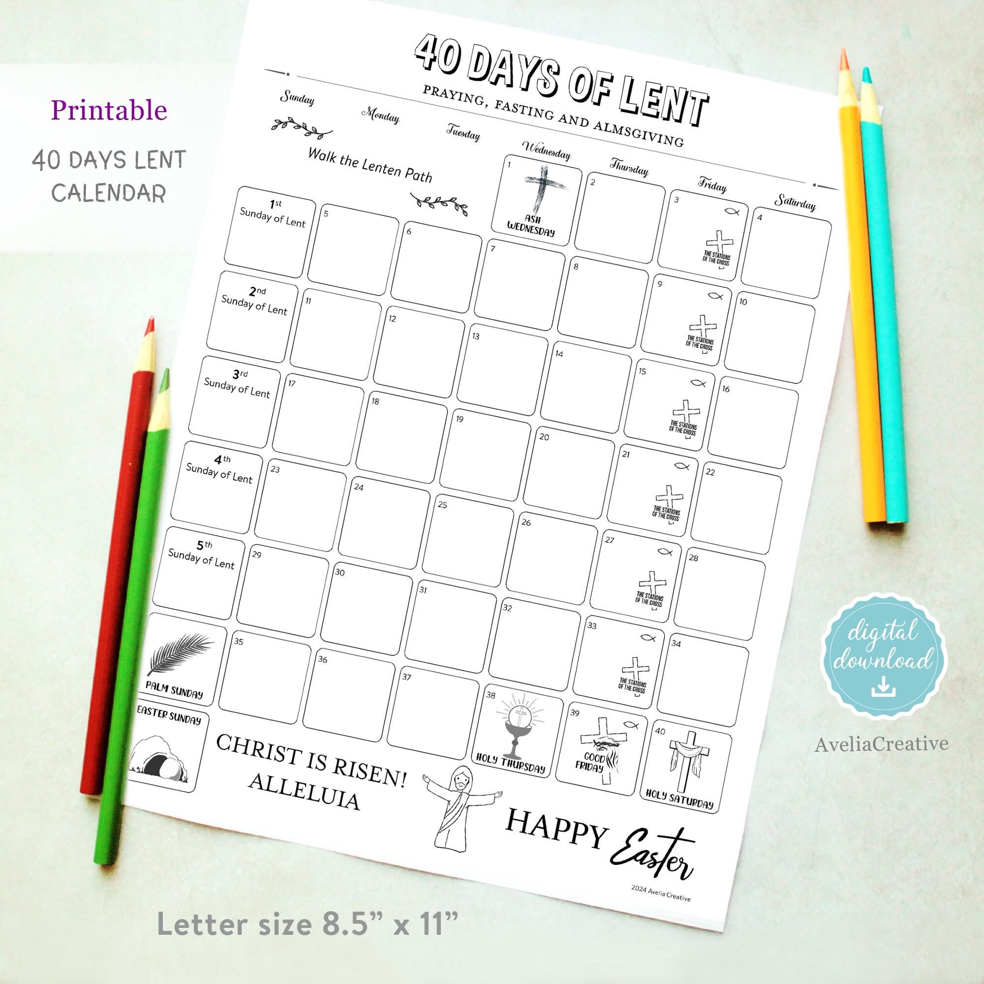 Printable 40 Days Lent Calendar, Instant Download, Kids Lenten Calendar ...