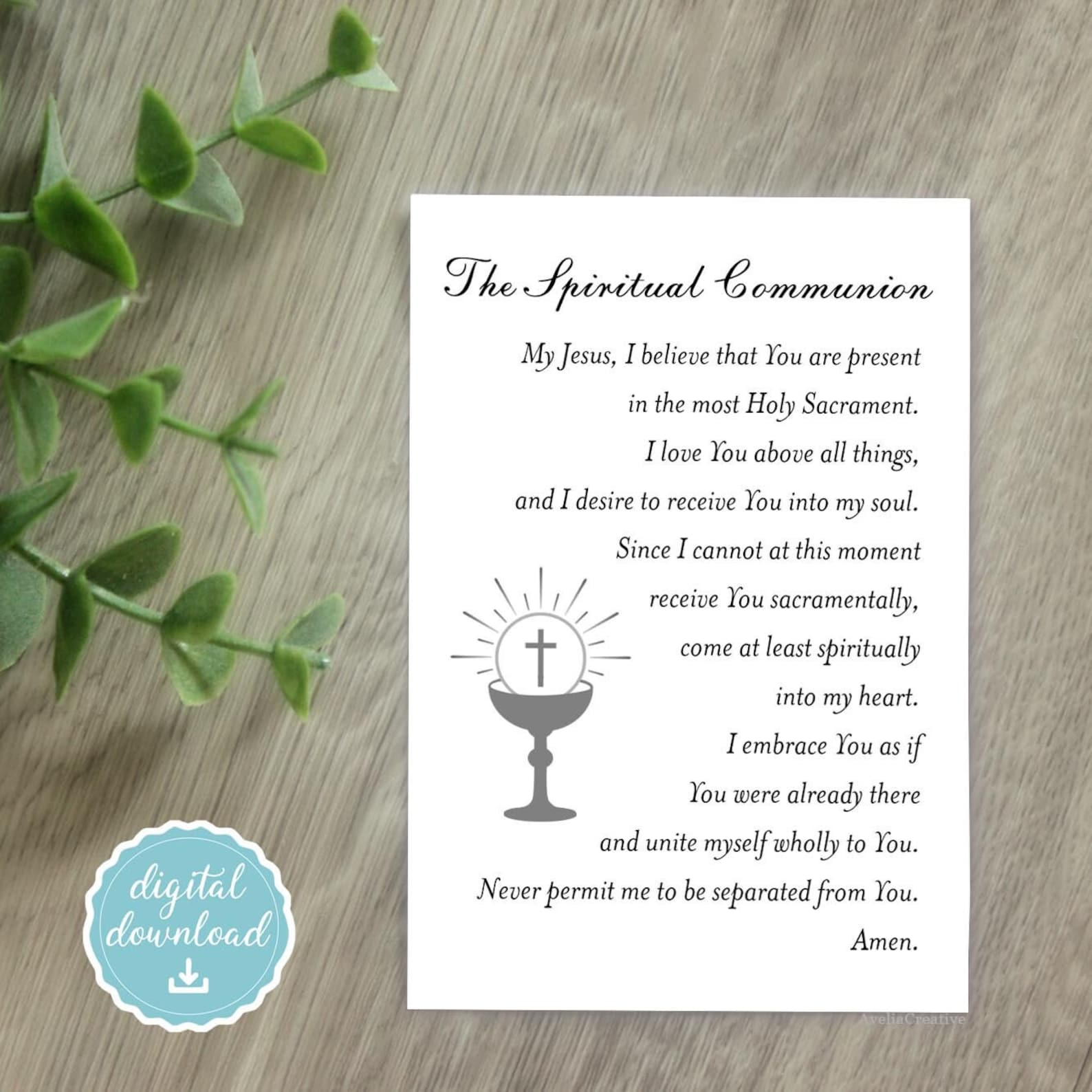 Printable Card the Spiritual Communion Prayer, Instant Download ...