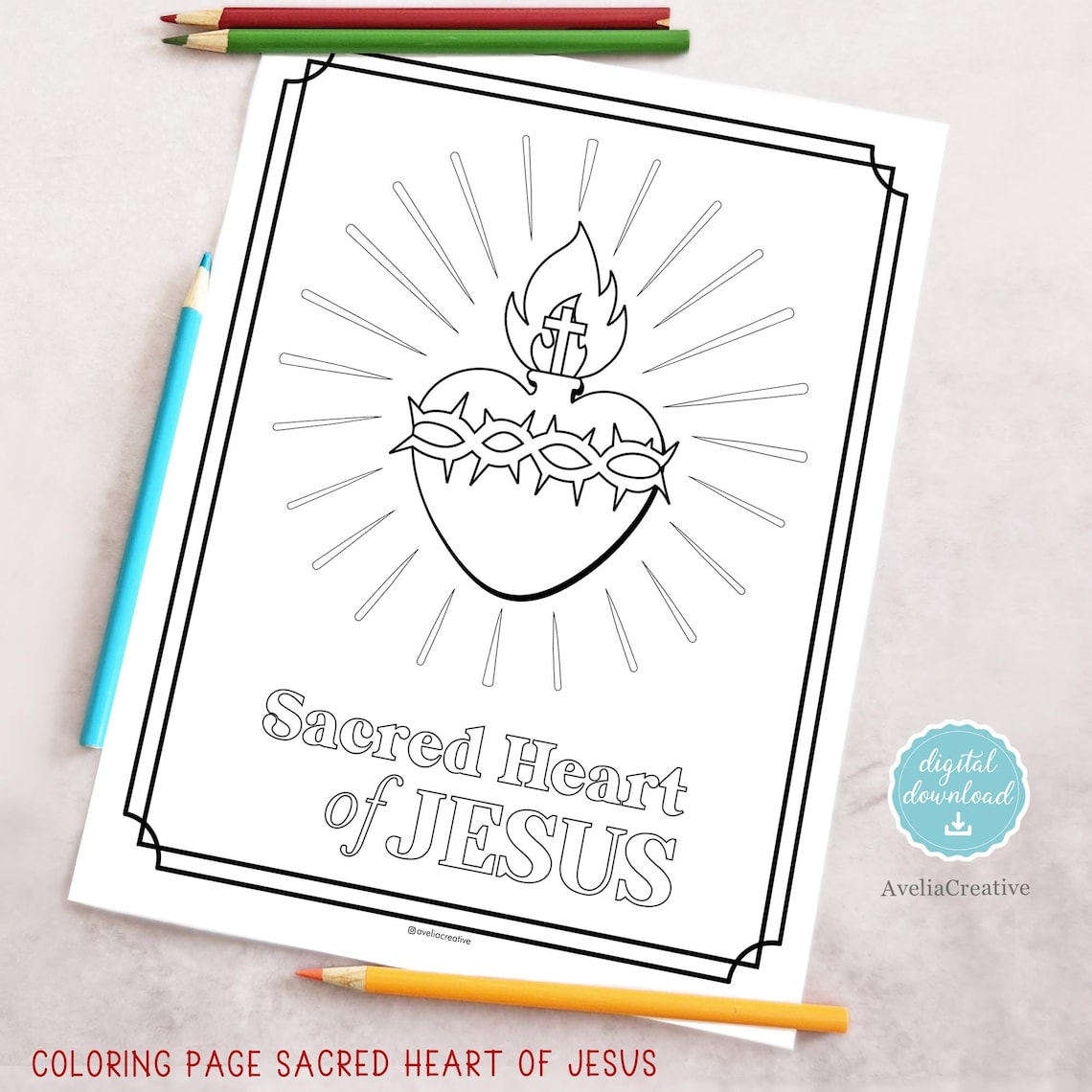 Sacred Heart of Jesus Coloring Page, Instant Download, Kids Coloring ...