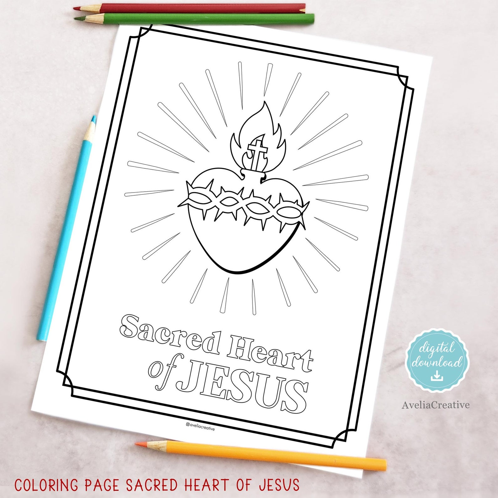 Sacred Heart of Jesus Coloring Page, Instant Download, Kids Coloring ...