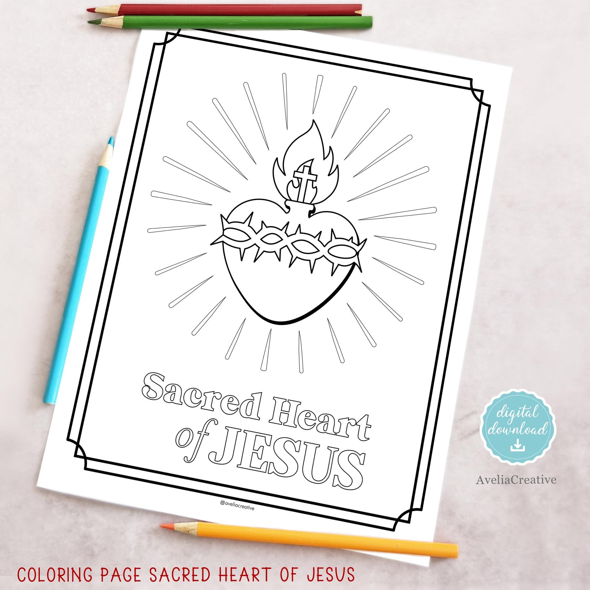 Sacred Heart of Jesus Coloring Page, Instant Download, Kids Coloring ...