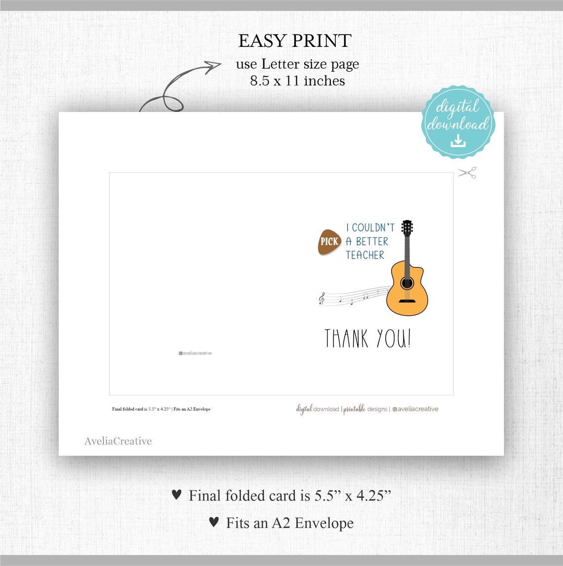 Guitar Teacher Printable Card, Instant Download, I Couldn't Pick a ...