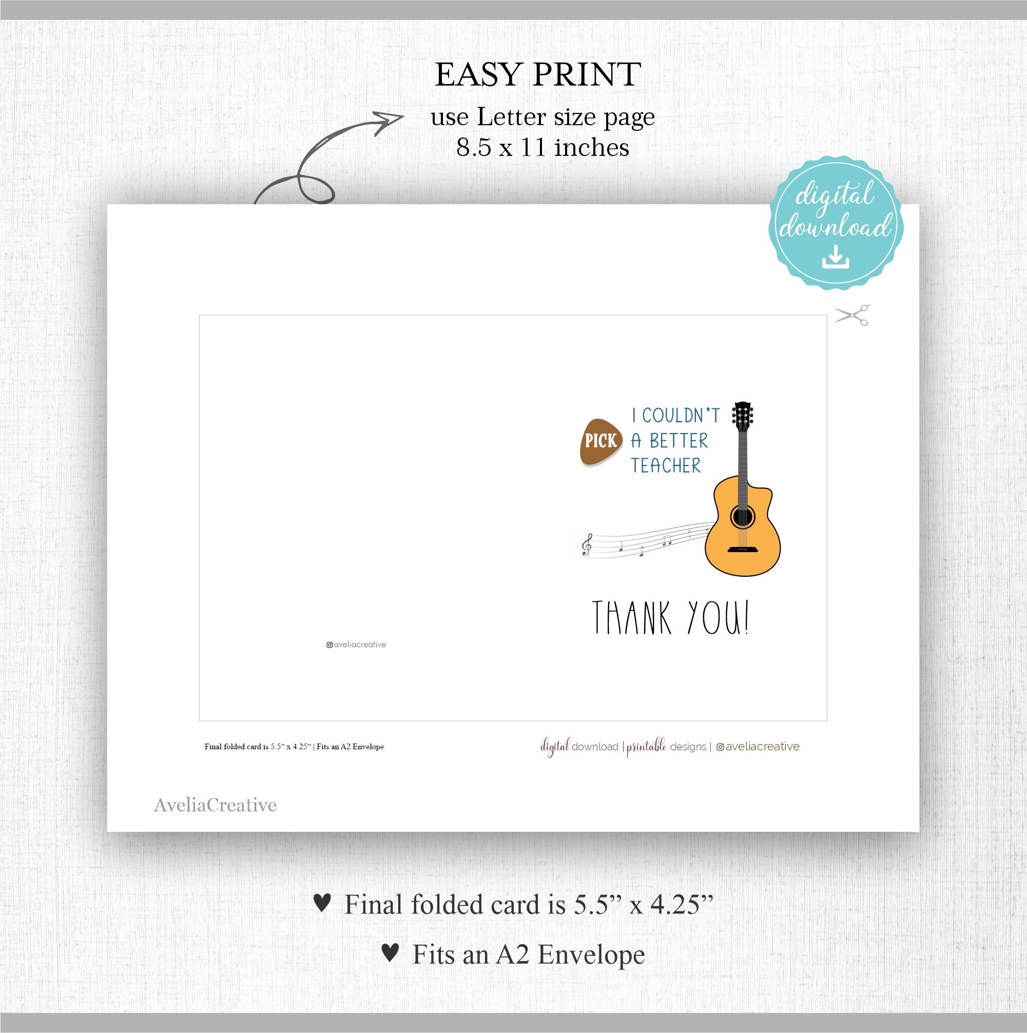 Guitar Teacher Printable Card, Instant Download, I Couldn't Pick a ...
