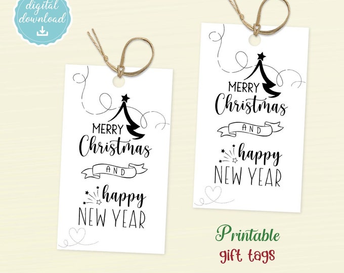 Merry Christmas Happy New Year Tag, Instant Download, Printable Black ...